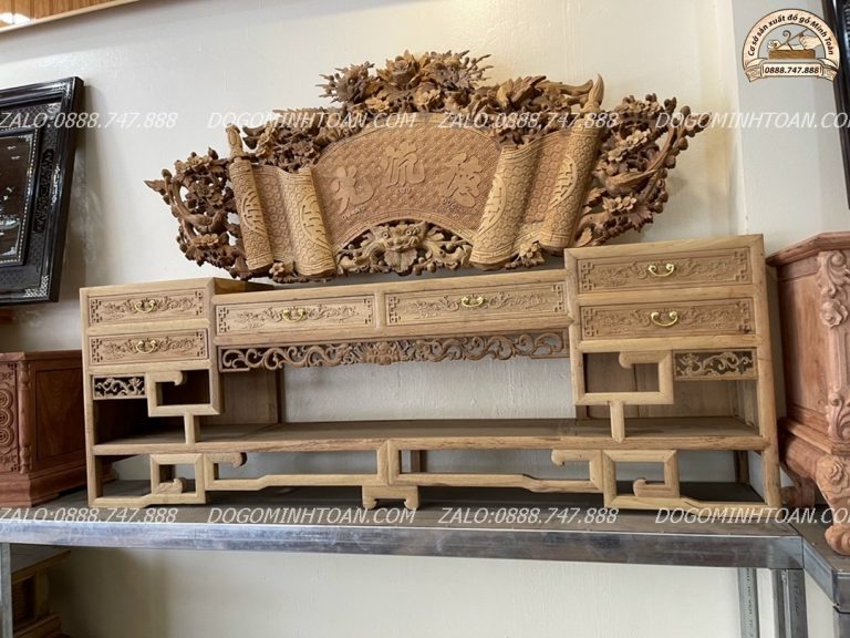 Giá Mộc Kệ tivi móc mỏ gỗ gụ Hàng 2m17 dày dặn gỗ gụ mật - Đồ Gỗ Minh Toàn